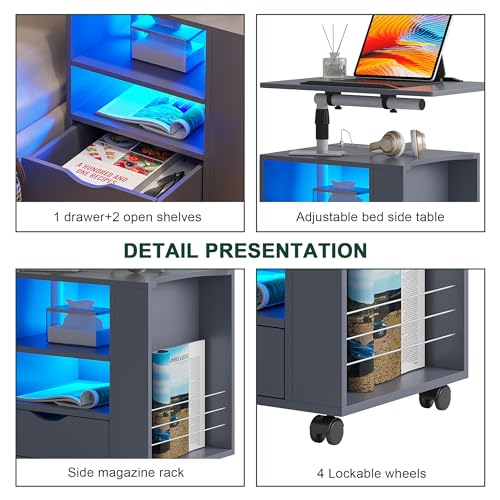 HNEBC LED Nightstand with Wireless Charging Station,Grey Nightstand Has Adjustable Rotary Table,Bedside Tables with One Drawer and 2 Mezzanines/Infrared Induction 3 Color Lighting (On The Right)