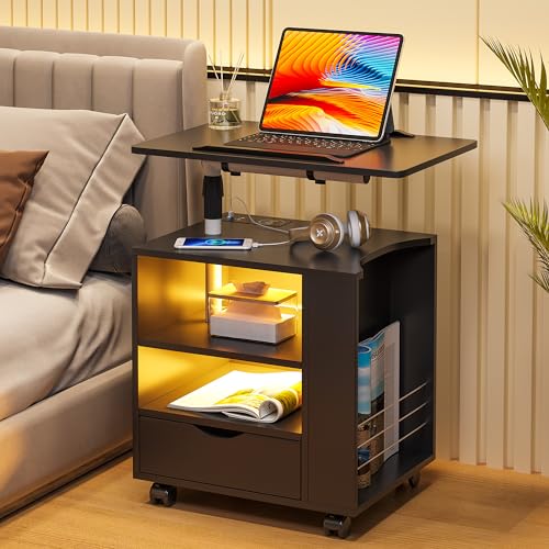 HNEBC LED Nightstand with Wireless Charging Station,Nightstand Has Adjustable Rotary Table,Bedside Tables with One Drawer and 2 Mezzanines/Infrared Induction 3 Color Lighting (On The Right)