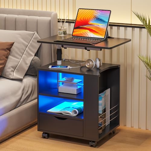 HNEBC LED Nightstand with Wireless Charging Station,Nightstand Has Adjustable Rotary Table,Bedside Tables with One Drawer and 2 Mezzanines/Infrared Induction 3 Color Lighting (On The Right)