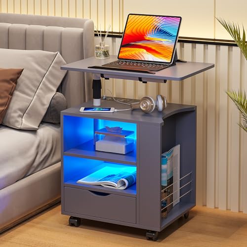 HNEBC LED Nightstand with Wireless Charging Station,Grey Nightstand Has Adjustable Rotary Table,Bedside Tables with One Drawer and 2 Mezzanines/Infrared Induction 3 Color Lighting (On The Right)