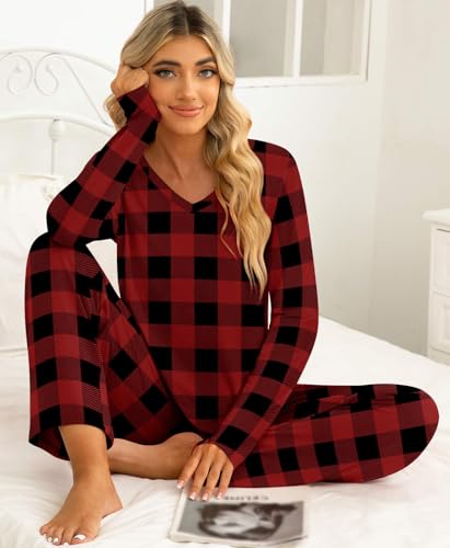 syoss Women's Pajama Sets Long Sleeve Sleepwear Soft Comfy Pj Lounge Sets XL, Red Checker