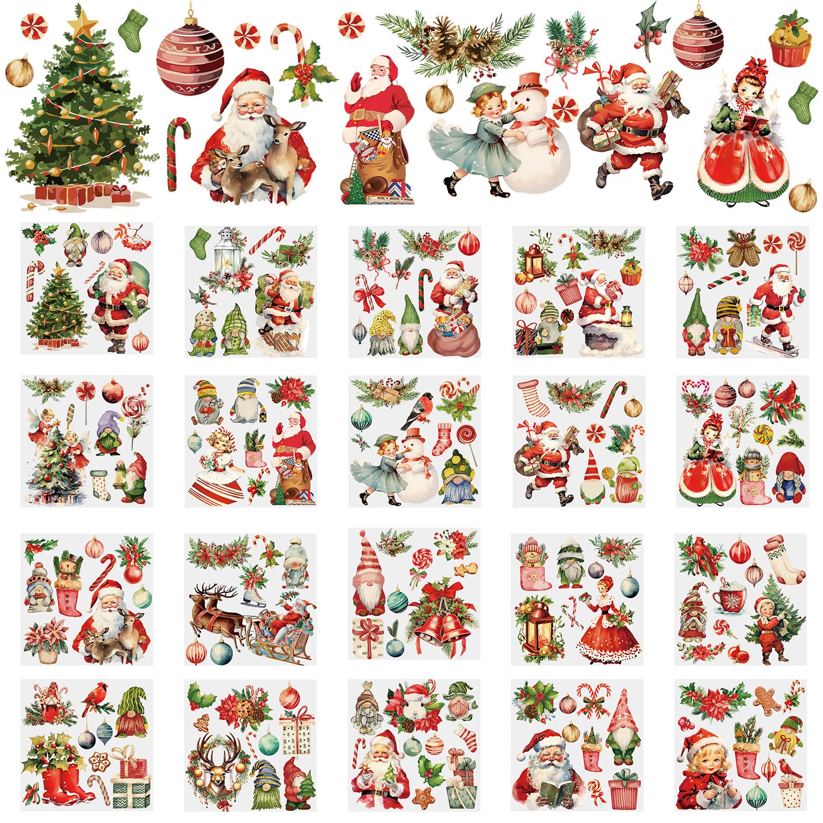 Honoson 20 Sheets Christmas Rub on Transfers for Crafts and Furniture Vintage Floral Santa Claus Cardinal Rub on Transfers Stickers Red Xmas Decals for DIY Home Decor, 5.9x5.9inch(Stocking)