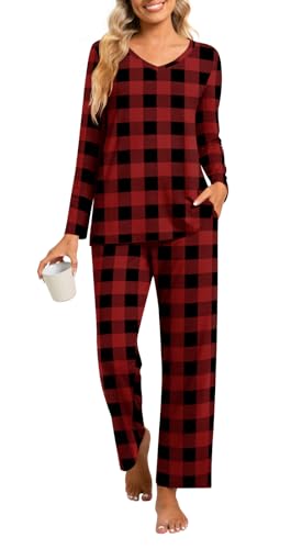 syoss Women's Pajama Sets Long Sleeve Sleepwear Soft Comfy Pj Lounge Sets XL, Red Checker