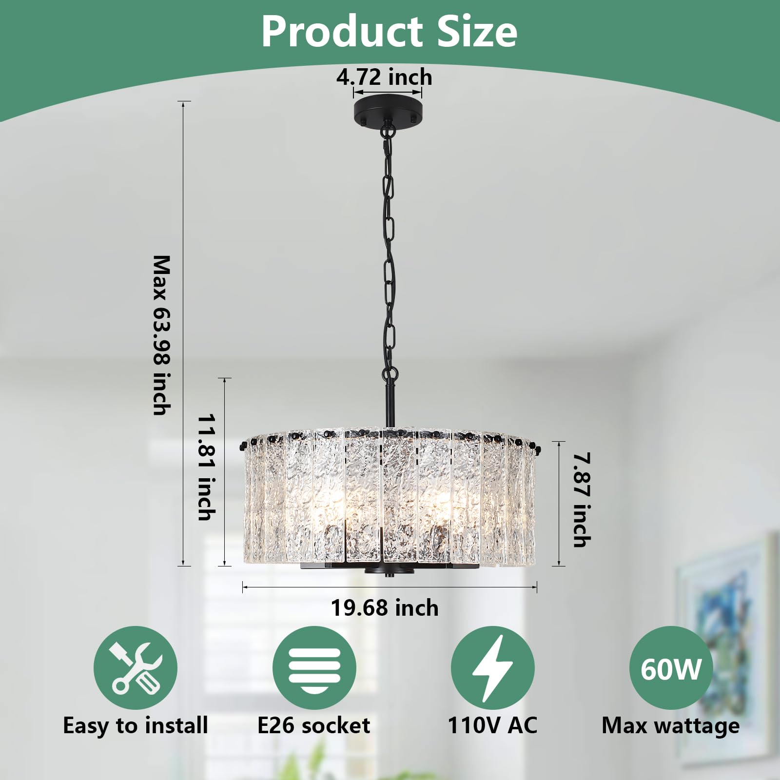 CWarmozy 19.7'' Luxury Black Chandelier for Dining Room 5-Light Modern Crystal Chandeliers Water Ripple Glass Light Fixture Elegant Ceiling Hanging Light for Kitchen Island Bedroom Living Room