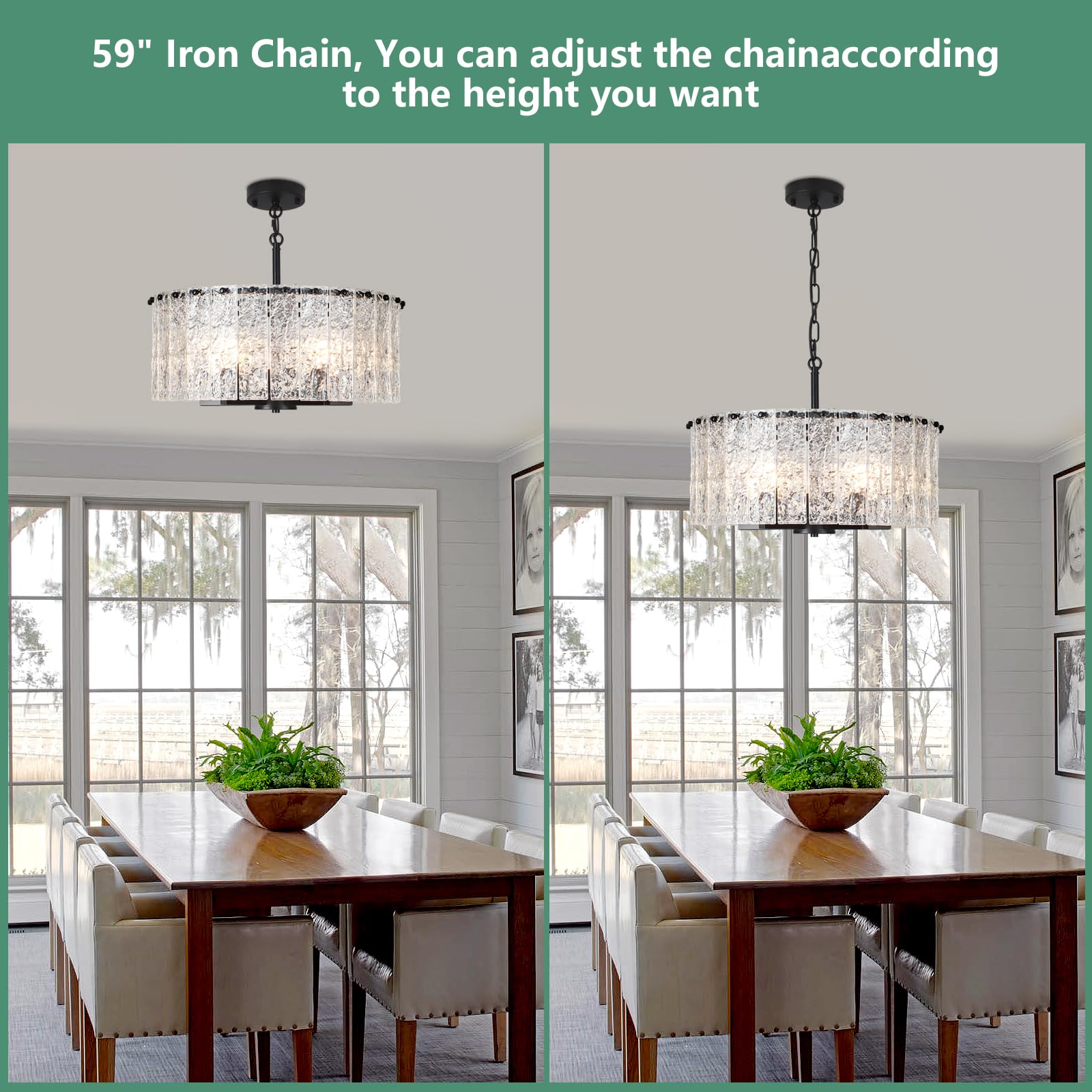 CWarmozy 19.7'' Luxury Black Chandelier for Dining Room 5-Light Modern Crystal Chandeliers Water Ripple Glass Light Fixture Elegant Ceiling Hanging Light for Kitchen Island Bedroom Living Room