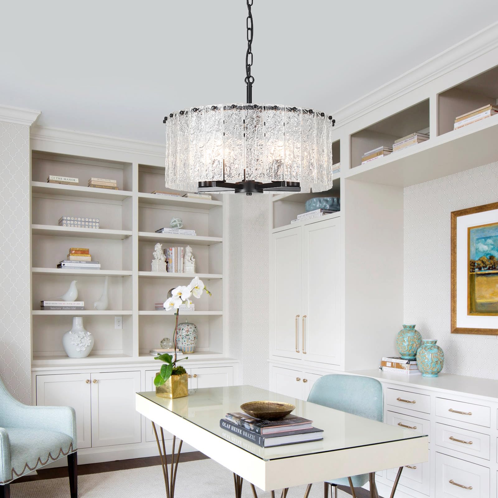 CWarmozy 19.7'' Luxury Black Chandelier for Dining Room 5-Light Modern Crystal Chandeliers Water Ripple Glass Light Fixture Elegant Ceiling Hanging Light for Kitchen Island Bedroom Living Room