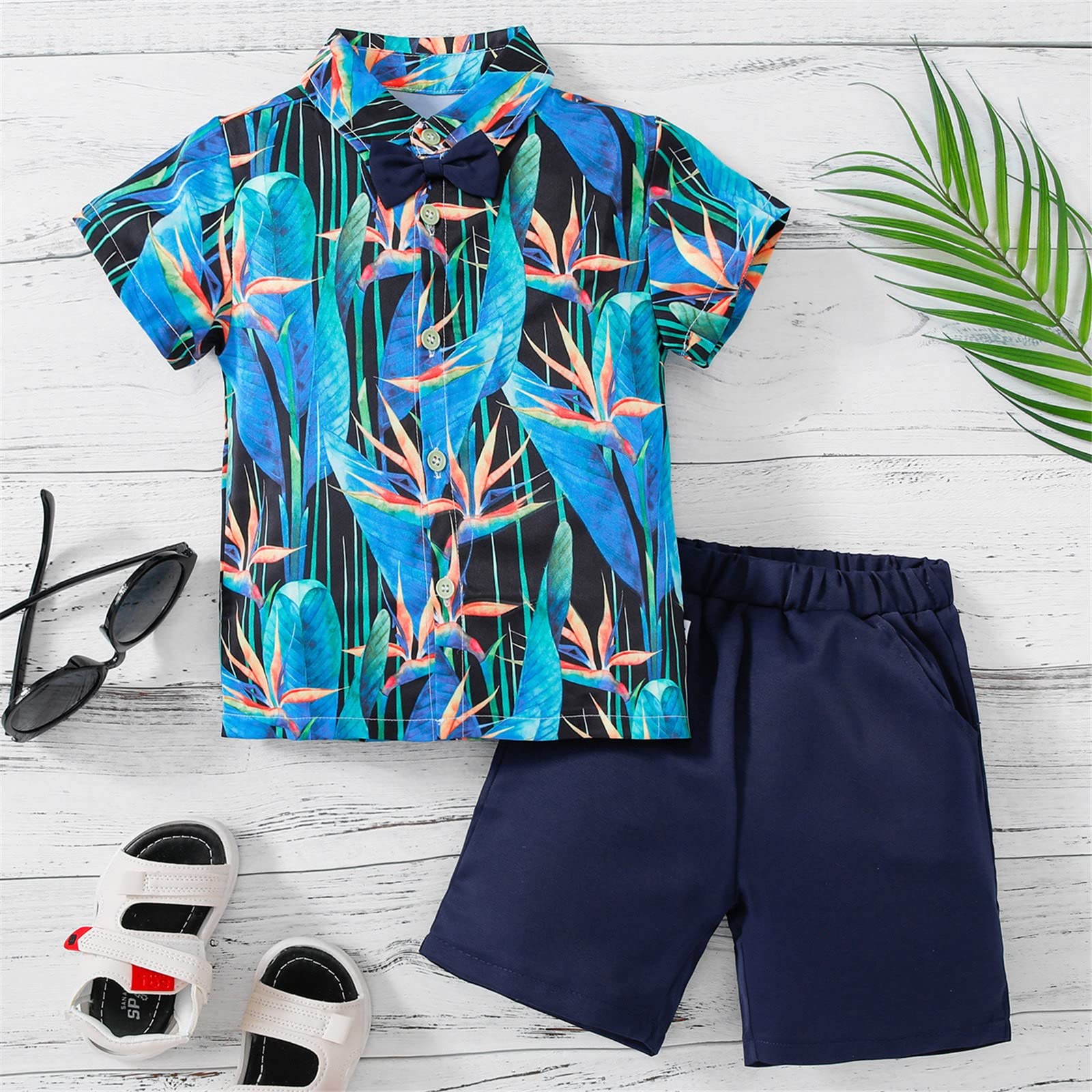 Toddler Baby Boy Suit Summer Beach Print Short Sleeved Bow Tie Shirt Shorts Gentleman's Set Two Track (A, 6-9 Months)