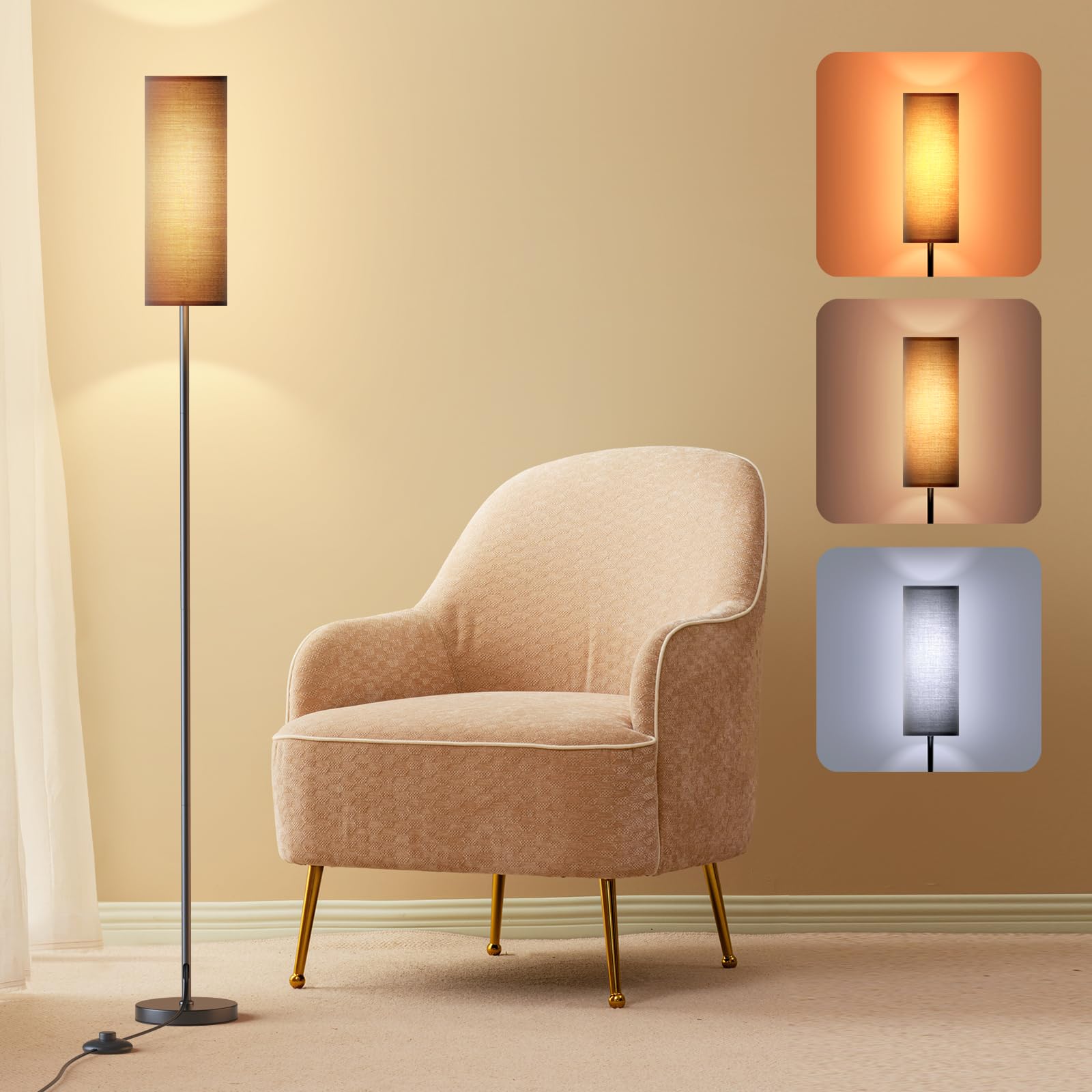Lithomy Floor Lamp,LED Floor Lamp for Living Room with Lamp Shade,3000k-7000k Modern Standing Floor Lamp for Bedroom, Office, Kids Room,Dimmable Floor Lamp,9W Bulb Included-Black with Black Lampshade