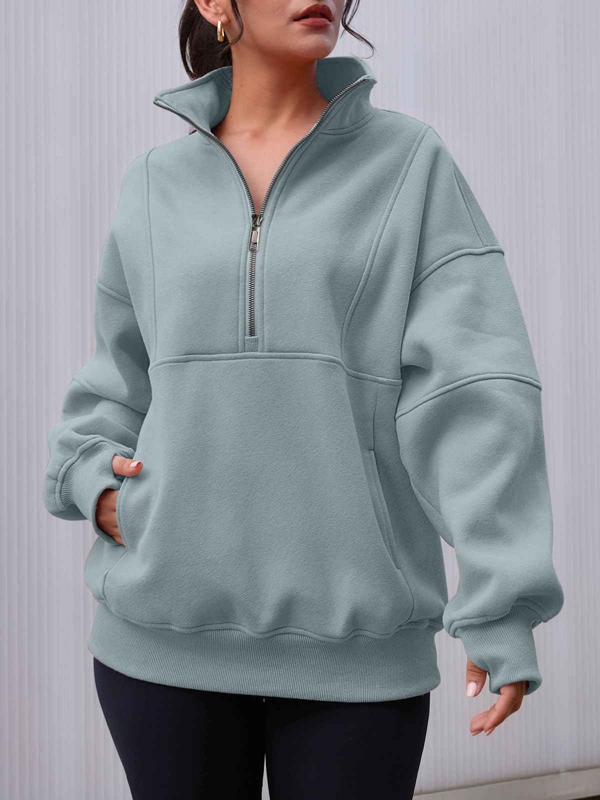 AUTOMET Women's Half Zip Oversized Sweatshirts Fleece Pullover Long Hoodies Casual Mock Turtleneck Sweaters with Pockets GreyGreen L