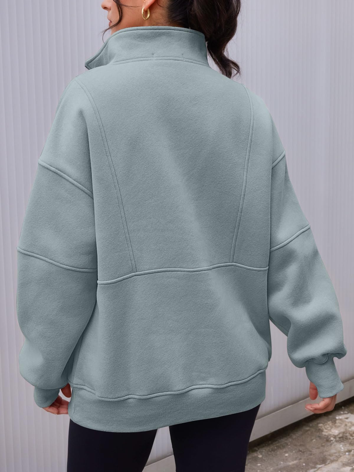 AUTOMET Women's Half Zip Oversized Sweatshirts Fleece Pullover Long Hoodies Casual Mock Turtleneck Sweaters with Pockets GreyGreen L