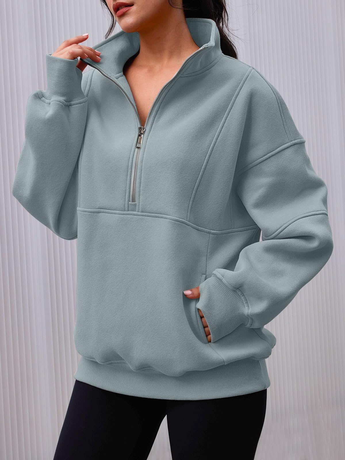 AUTOMET Women's Half Zip Oversized Sweatshirts Fleece Pullover Long Hoodies Casual Mock Turtleneck Sweaters with Pockets GreyGreen L