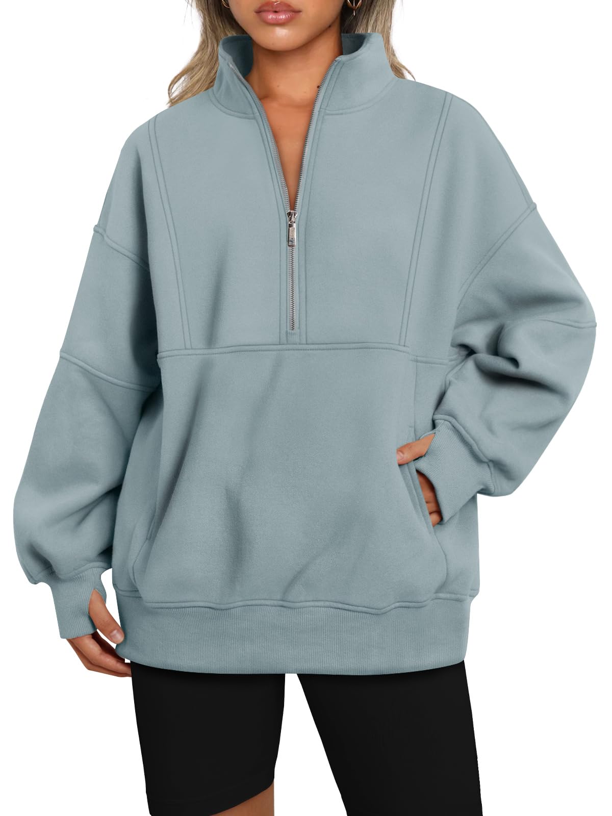 AUTOMET Women's Half Zip Oversized Sweatshirts Fleece Pullover Long Hoodies Casual Mock Turtleneck Sweaters with Pockets GreyGreen L