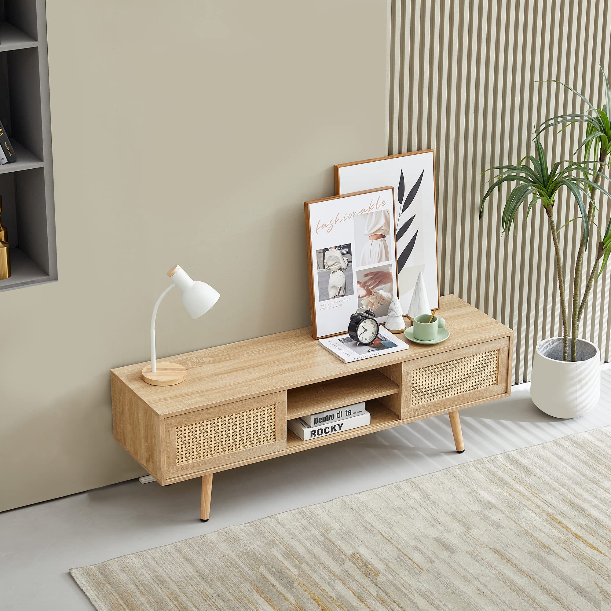 Rattan TV Stand Entertainment Center, 55" L TV Console Table Storage Cabinet Wooden Sliding Doors Plastic Rattan for Living Room Farmhouse Furniture (oak-55)