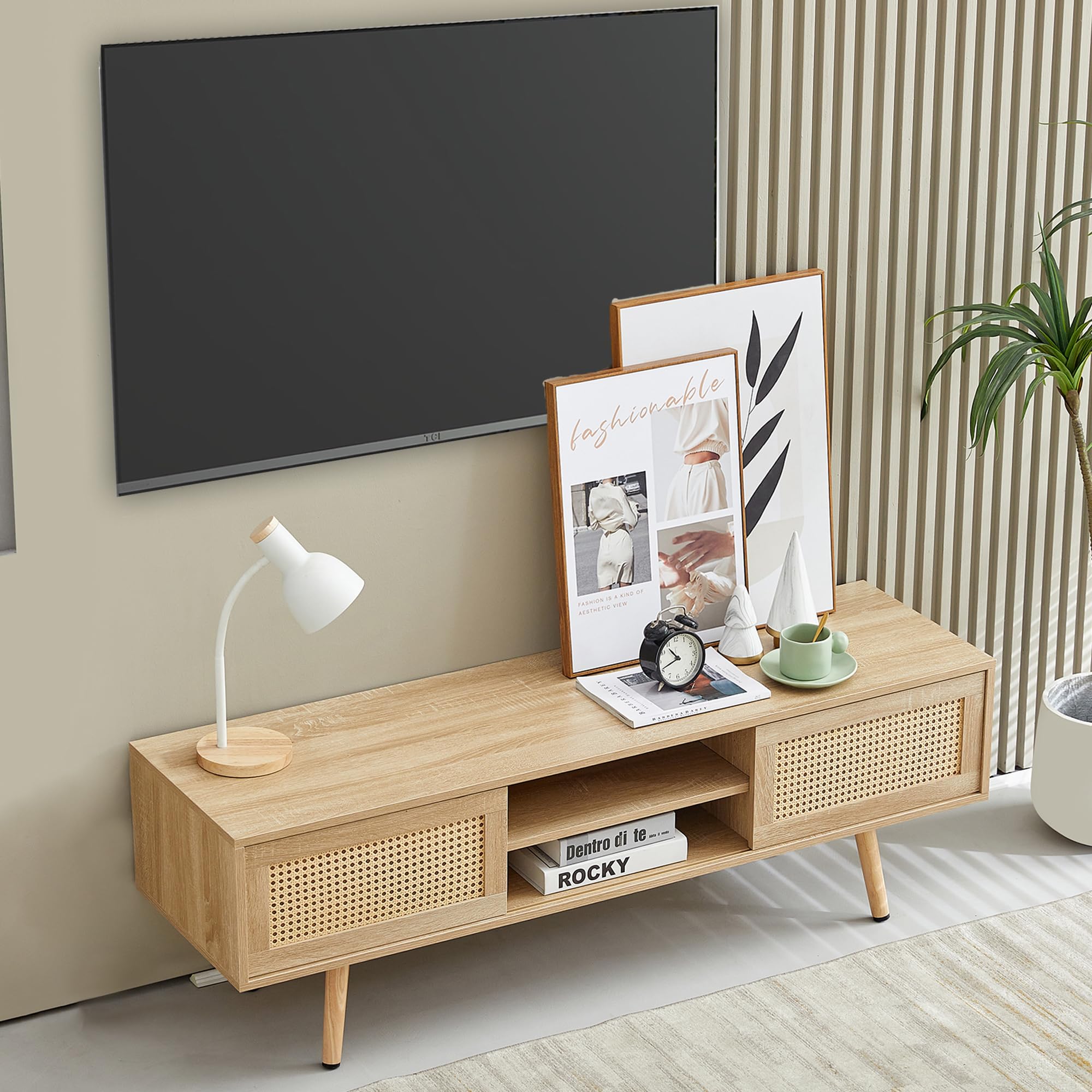 Rattan TV Stand Entertainment Center, 55" L TV Console Table Storage Cabinet Wooden Sliding Doors Plastic Rattan for Living Room Farmhouse Furniture (oak-55)