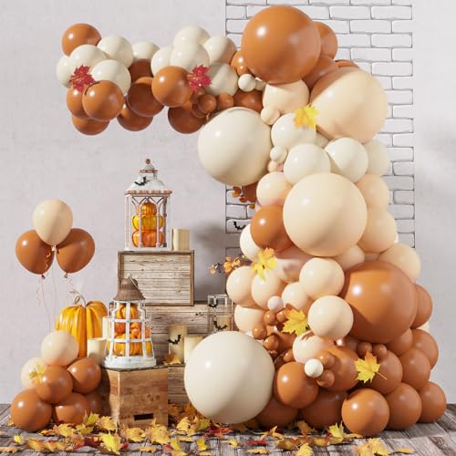 RUBFAC 144pcs Caramel Balloons Arch Garland Kit, 18/12/5 Inch Retro Cocoa Brown Sand White and Nude Latex Balloons for Baby Shower Birthday Wedding Fall Party Decorations