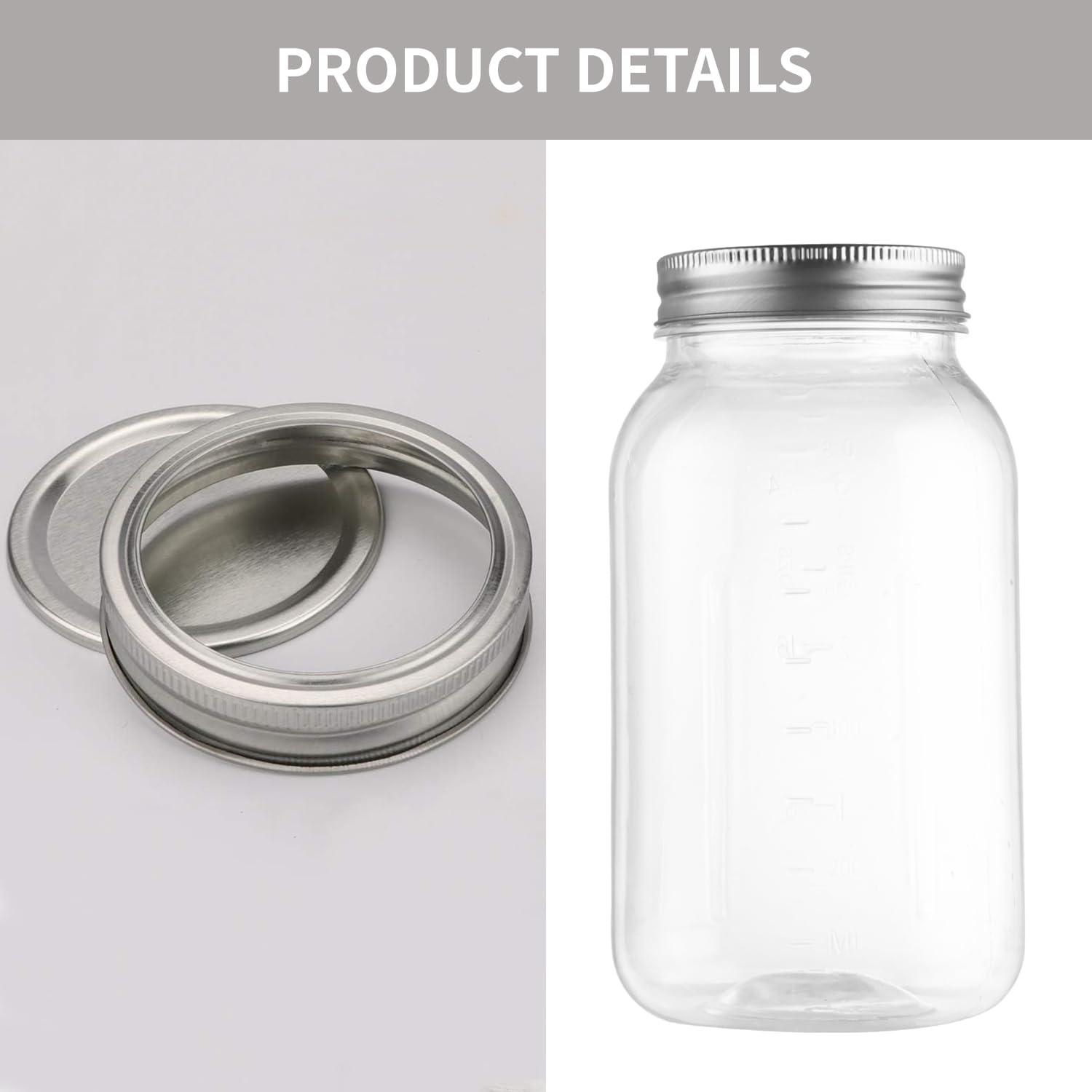 Novelinks 32 OZ Clear Plastic Mason Jars With Airtight Lids - Jars for Kitchen & Household Storage (6 Pack, Silver)
