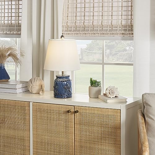 Nourison 18" Blue Coastal Starfish Engraved Ceramic Beachy Table Lamp for Bedroom, Living Room