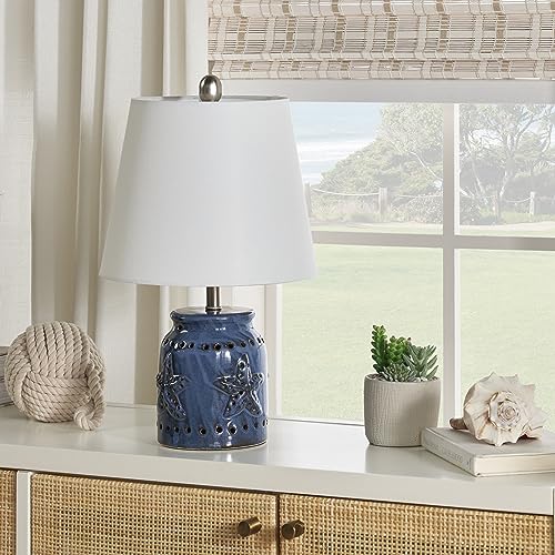 Nourison 18" Blue Coastal Starfish Engraved Ceramic Beachy Table Lamp for Bedroom, Living Room
