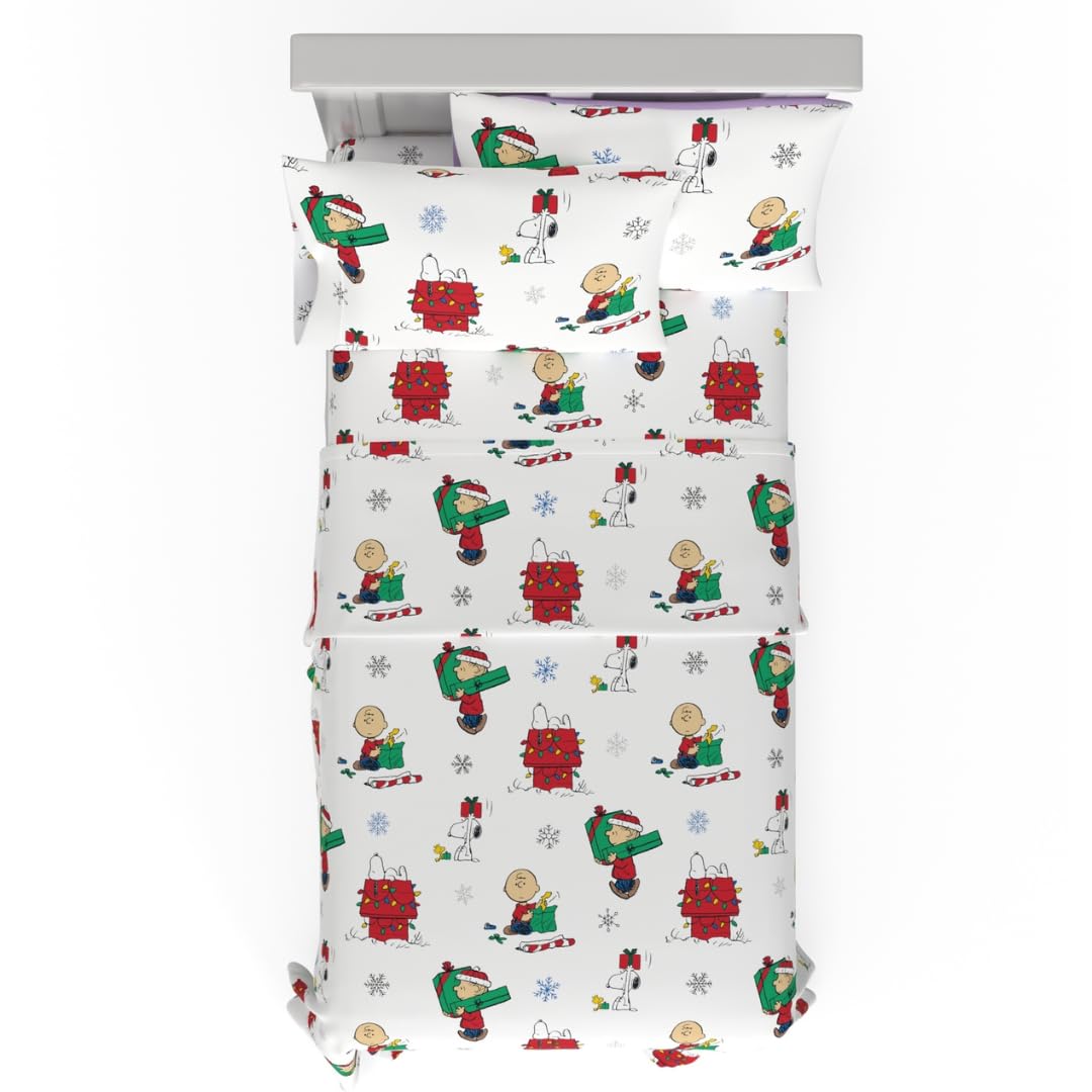 Franco Peanuts Charlie Brown & Snoopy Holiday & Christmas Bedding Super Soft 100% Cotton Flannel Sheet Set, Twin, (Officially Licensed Product)