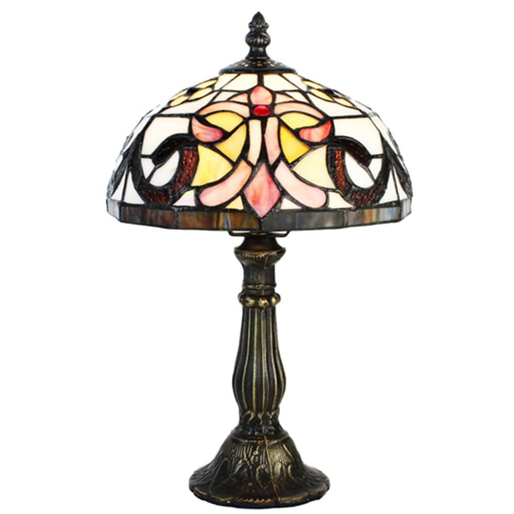 Pink/Amber Fleur-de-lis Tiffany Stained Glass Shade & Lamp Base - Perfect for a Living Room, Bedroom, Office, & More