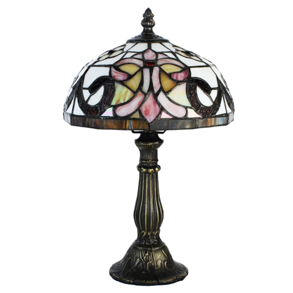 Pink/Amber Fleur-de-lis Tiffany Stained Glass Shade & Lamp Base - Perfect for a Living Room, Bedroom, Office, & More