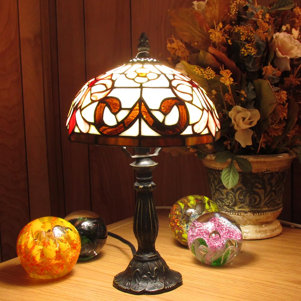 Pink/Amber Fleur-de-lis Tiffany Stained Glass Shade & Lamp Base - Perfect for a Living Room, Bedroom, Office, & More