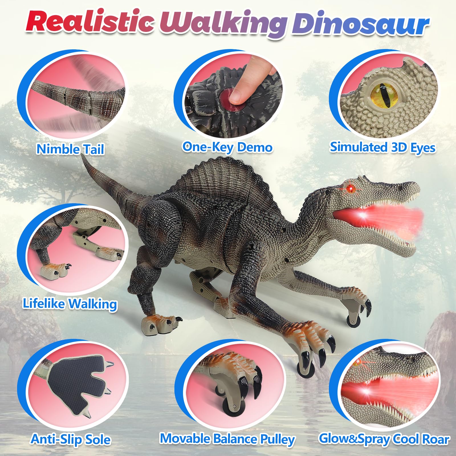 TALGIC- Remote Control Dinosaur Robot - Realistic Walking, Roaring, and Spraying Spinosaurus Toys - Light up and Shaking Head and Tail Robot Dinosaur for Kids Ages 3+