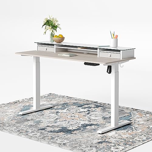 FEZIBO Electric Standing Desk with Double Drawers, 55 x 24 Inch Glass Top Monitor Stand Adjustable Sit Stand Desk with Storage Shelf, White Frame/LightWalnut Top