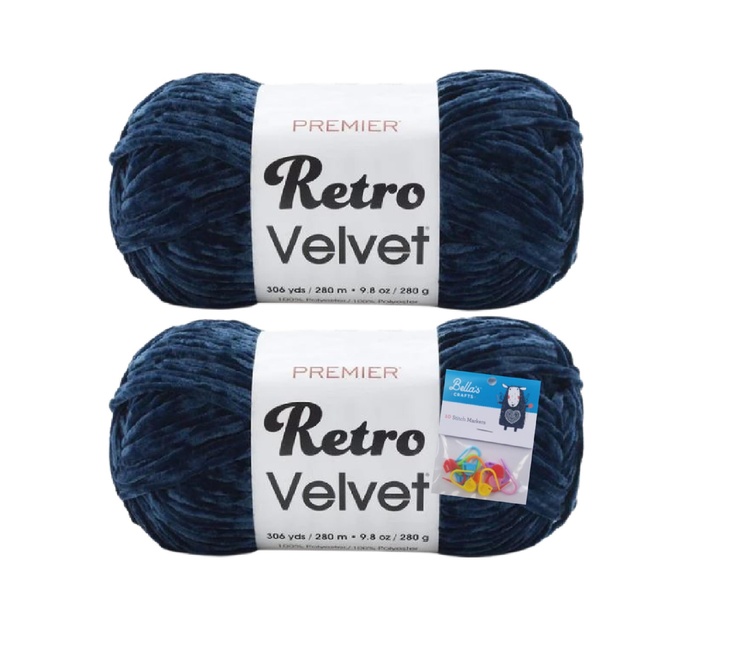 Premier Yarns Retro Velvet Yarn - Big Ball 9.8 Oz - 2 Pack Bundle with Bella's Crafts Stitch Markers (Navy)