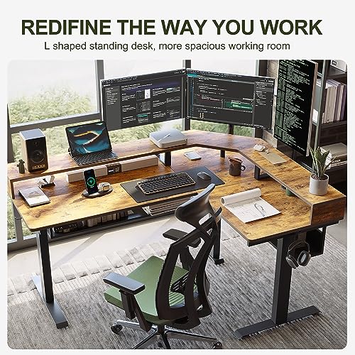 BANTI Triple Motor 63'' L-Shaped Standing Desk with LED Light Strip and Power Outlet, Height Adjustable Standing Corner Desk with Double Shelves, Rustic Top