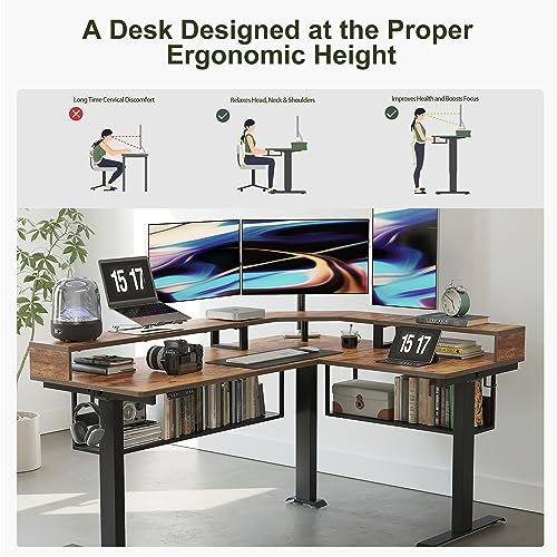 BANTI Triple Motor 63'' L-Shaped Standing Desk with LED Light Strip and Power Outlet, Height Adjustable Standing Corner Desk with Double Shelves, Rustic Top