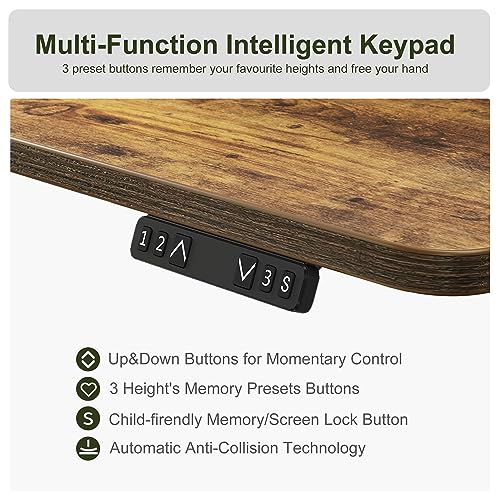 BANTI Triple Motor 63'' L-Shaped Standing Desk with LED Light Strip and Power Outlet, Height Adjustable Standing Corner Desk with Double Shelves, Rustic Top