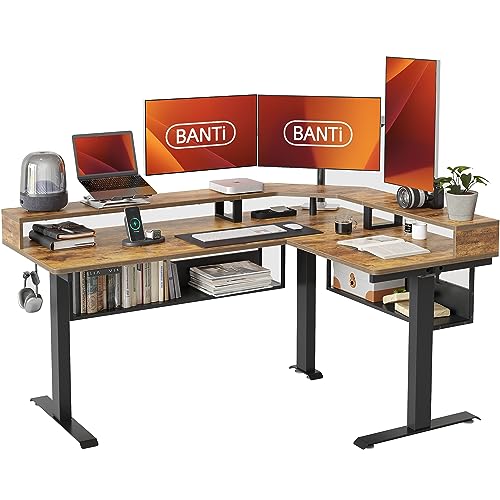 BANTI Triple Motor 63'' L-Shaped Standing Desk with LED Light Strip and Power Outlet, Height Adjustable Standing Corner Desk with Double Shelves, Rustic Top