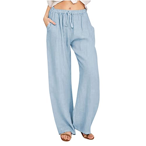 Capri Pants for Women Casual 2023 Summer Drawstring Elastic High Waist Linen Pant Straight Wide Leg Cropped Trouser high Waisted Wide Leg Pants Sky Blue XL