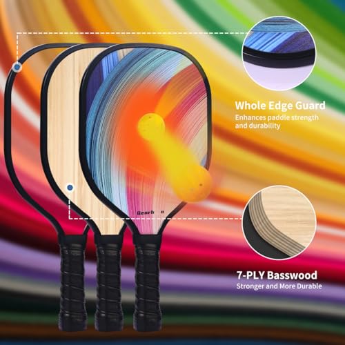 Pickleball Paddles Set of 4, Pickleball Rackets Honeycomb Core Pickleball Set Includes 4 Pickleball Paddles+4 Pickleball Balls+1 Bag (Wood)