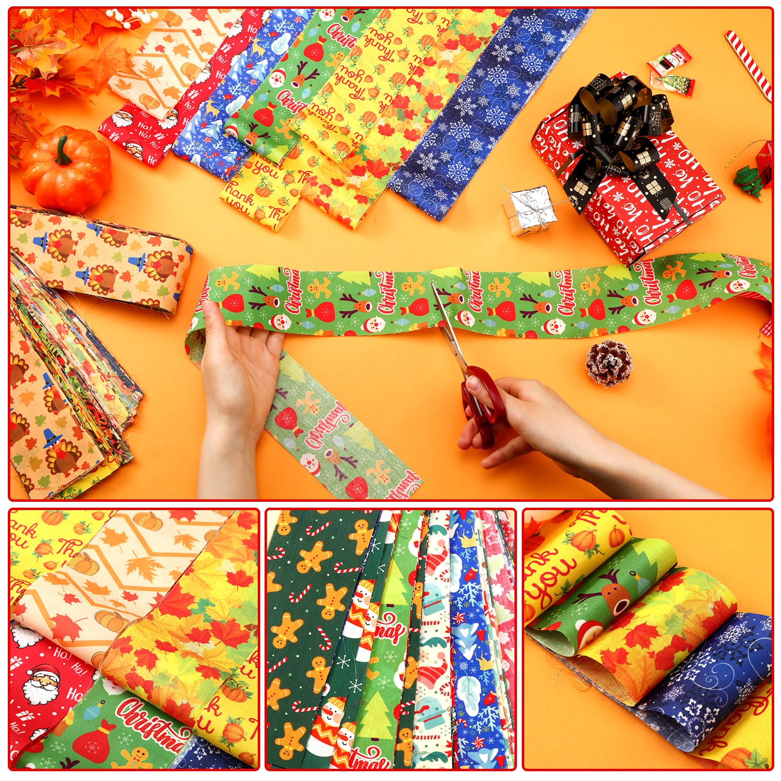 Tatuo 80 Pcs Thanksgiving Christmas Cotton Fabric Strips Set Roll up Fall Fabric Bundle 2.55 Inch Quilting Fabric Precut Roll for Quilting Patchwork Sewing DIY Craft Blanket Purse Making Supplies