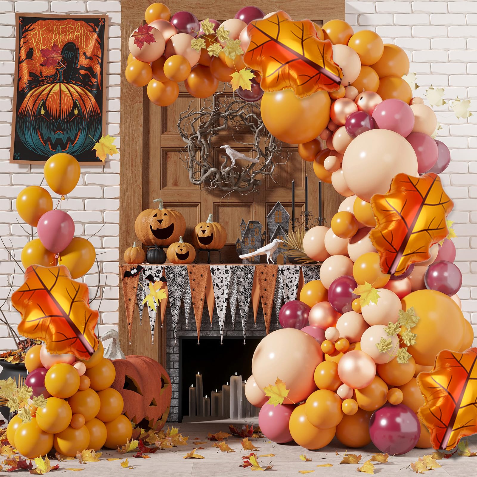 RUBFAC 158pcs Fall Balloons Garland Kit, 18/12/10/5 Inch Orange Balloons with Gold Maple Leaves for Autumn Harvest Theme Party Birthday Thanksgiving Party Decorations