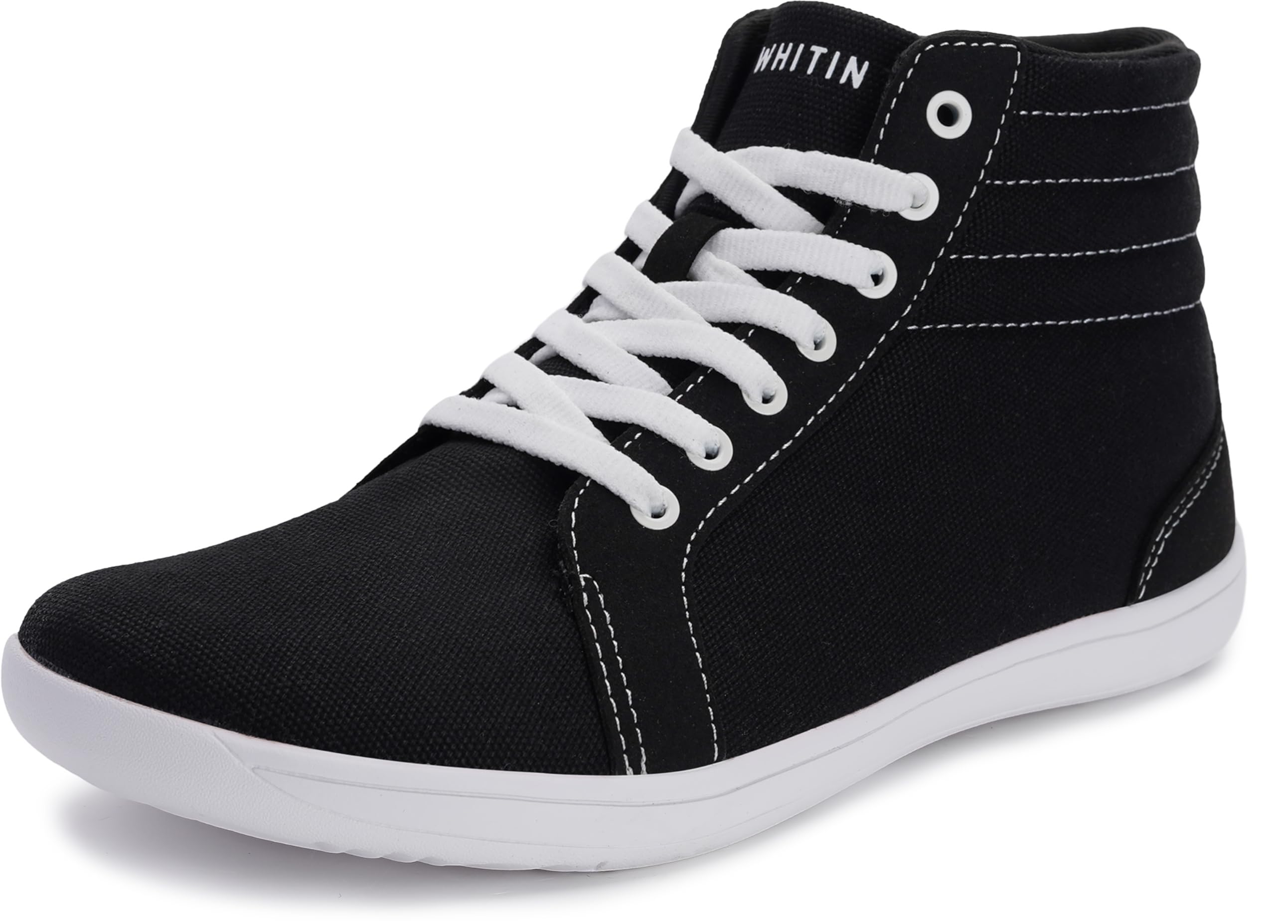 WHITIN Men's Wide Toe Box Hightop Barefoot Shoes Boots Canvas Sneakers Black White Size 6.5