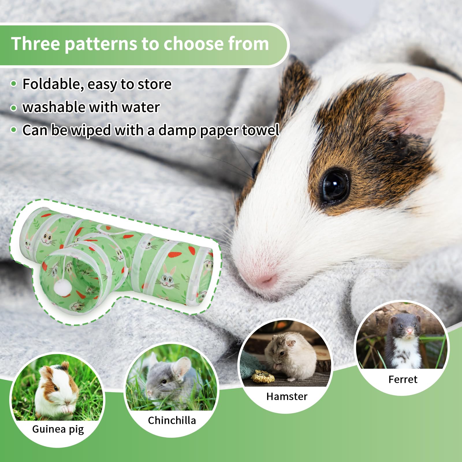 Rypet Guinea Pig Tunnel 3 Way Collapsible Small Pet Tunnels and Tubes with Interactive Ball for Baby Rabbit Ferret Hamster Chinchilla Hedgehog Hiding and Resting-Green