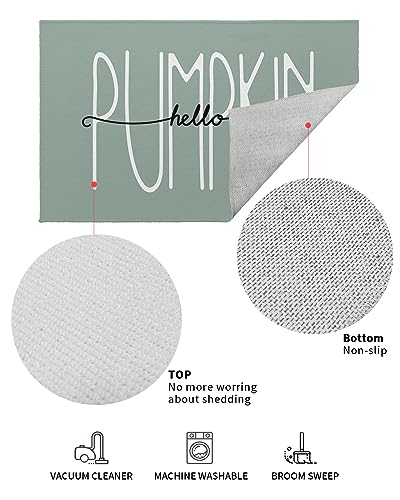 Hello Pumpkin Door Mat 24x36inch, Non-Slip Absorbent Non Skid Entrance Mat, Washable Low-Profile Inside Outside Floor Mat Doormats for Entryway Patio, Fall Thanksgiving Green Background
