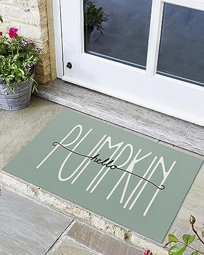 Hello Pumpkin Door Mat 24x36inch, Non-Slip Absorbent Non Skid Entrance Mat, Washable Low-Profile Inside Outside Floor Mat Doormats for Entryway Patio, Fall Thanksgiving Green Background