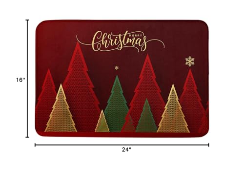 Door Mat Red Yellow Green Trees Memory Foam Cushioned Kitchen Rug, 16x24 Inch Water Absorbent Soft Touch Standing Mat for Bathroom, Office, Sink, Laundry, Home Merry Christmas Snowflakes
