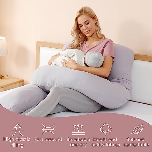 JOHNPEY Pregnancy Pillow for Sleeping Cooling, 100% Muslin Full Body Maternity Pillow, Support for Back, Legs, Belly, HIPS - Side Sleeper Pillow (LightGray,55in)
