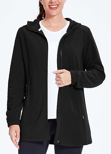 Willit Women's Long Fleece Jacket Full-Zip Thermal Fleece Hooded Jacket Lightweight Winter Coat Black L
