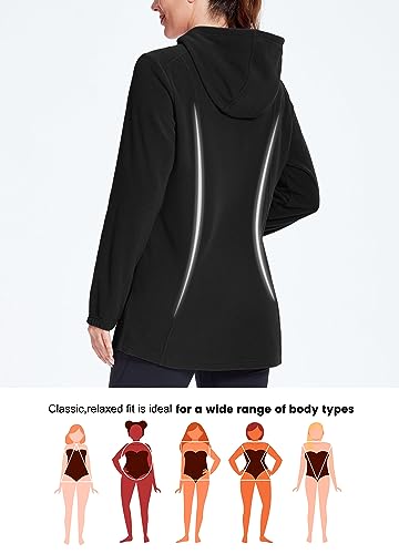 Willit Women's Long Fleece Jacket Full-Zip Thermal Fleece Hooded Jacket Lightweight Winter Coat Black L