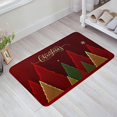 Door Mat Red Yellow Green Trees Memory Foam Cushioned Kitchen Rug, 16x24 Inch Water Absorbent Soft Touch Standing Mat for Bathroom, Office, Sink, Laundry, Home Merry Christmas Snowflakes