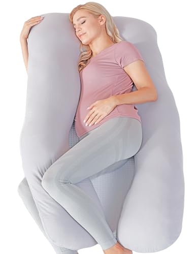 JOHNPEY Pregnancy Pillow for Sleeping Cooling, 100% Muslin Full Body Maternity Pillow, Support for Back, Legs, Belly, HIPS - Side Sleeper Pillow (LightGray,55in)