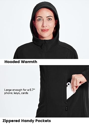 Willit Women's Long Fleece Jacket Full-Zip Thermal Fleece Hooded Jacket Lightweight Winter Coat Black L