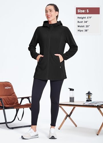 Willit Women's Long Fleece Jacket Full-Zip Thermal Fleece Hooded Jacket Lightweight Winter Coat Black L