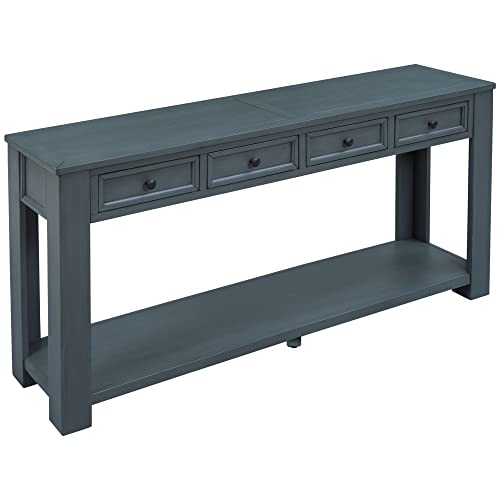 Goohome Rustic Entryway Console Sofa Table with 4 Drawers and Bottom Shelf, Large Storage Space for Living Room Kitchen Hallway Bedroom, Navy